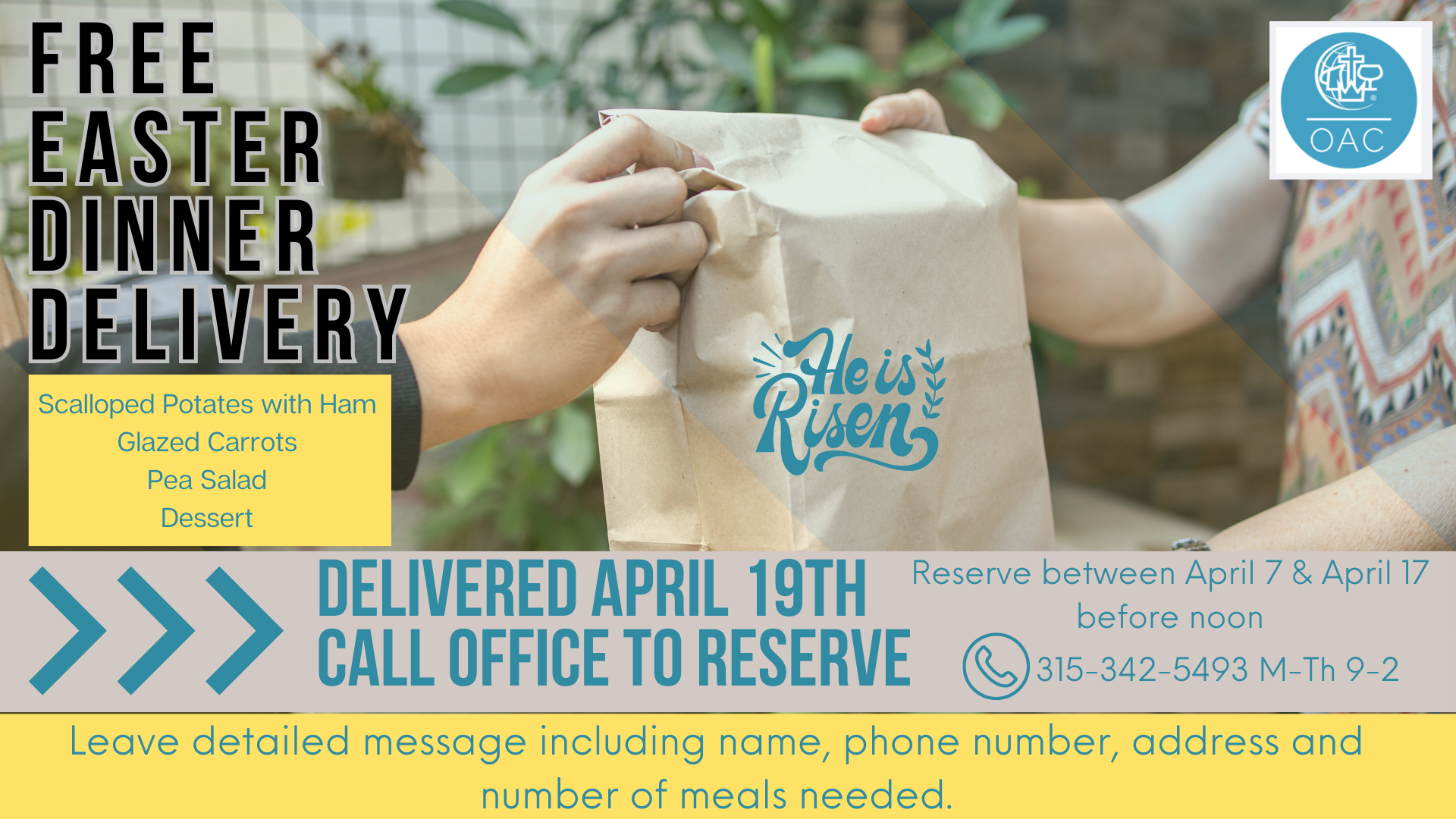 Free Easter Dinner Delivery 4/19 10-12 | Oswego Alliance Church
