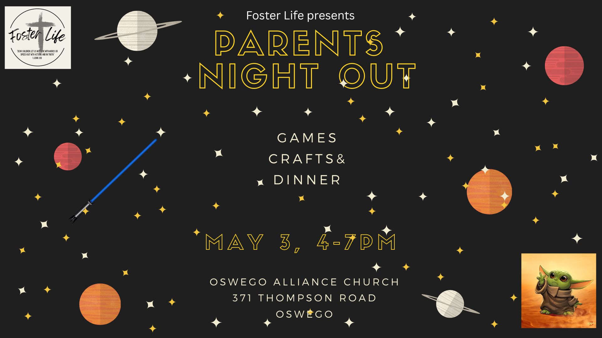 Foster Life Parents’ Night Out 5/3/25 | Oswego Alliance Church