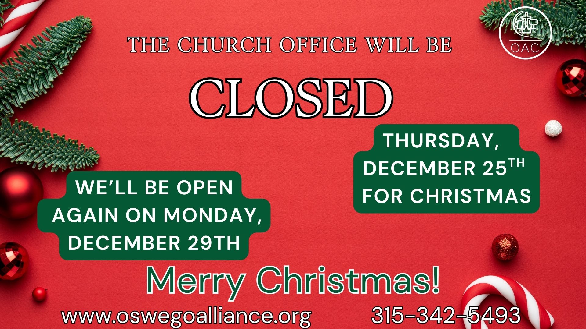 Church Office Closed 12/25 | Oswego Alliance Church